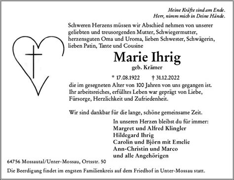Traueranzeigen Von Marie Ihrig Vrm Trauerde