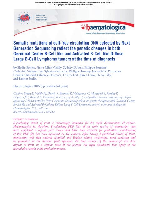 Pdf Somatic Mutations Of Cell Free Circulating Dna Detected By Next
