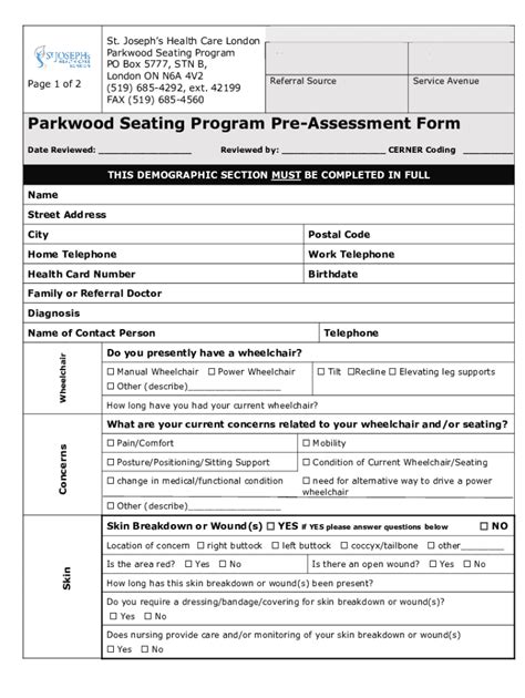 Fillable Online Parkwood Seating Program Pre Assessment Form Seating