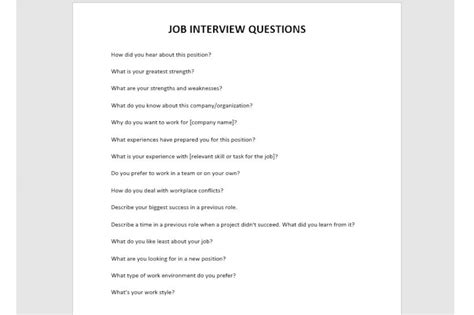 Job Interview Questions Template Job Interview Questions Interview
