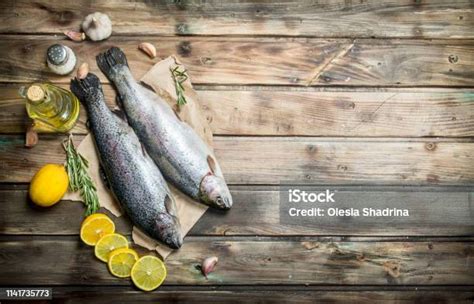 레몬 조각과 향기로운 로즈마리와 오래 된 종이에 원시 바다 물고기 연어 건강한 생활방식에 대한 스톡 사진 및 기타 이미지 건강한 생활방식 건강한 식생활 고기 Istock