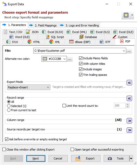 pdf export format database tour documentation
