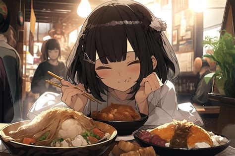Premium Photo Anime Girl Eating A Meal With Chopsticks And A Bowl Of