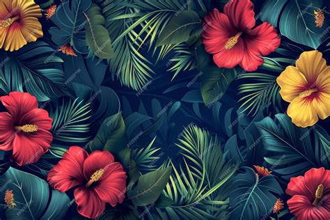 Hawaiian Flowers And Leaves Pattern Background Premium Ai Generated Image