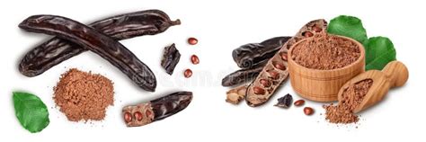 Carob Pod And Powder Isolated On White Background With Full Depth Of