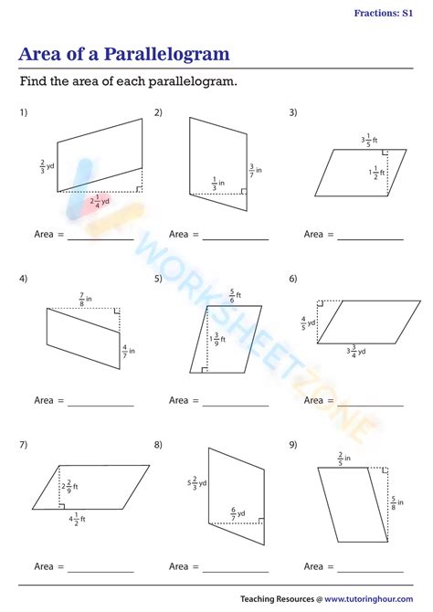 Finding Area Of A Parallelogram Fractions Worksheet 1 Worksheet