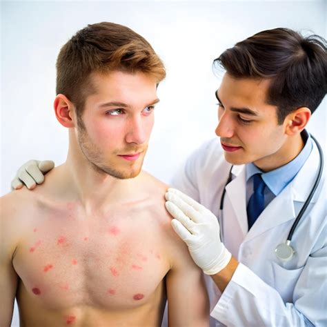 Portrait Of Young Man Showing Skin Rash To Doctor Premium Ai