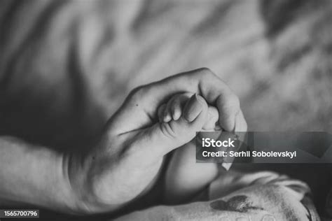 아기 손 아이의 손을 잡고 있는 젊은 엄마 귀여운 아기가 집에서 침대에 누워 있다 엄마는 아들의 손가락을 잡는다 근접 촬영 갓 태어난 소녀 또는 소년의 작은 손 잠자는 딸