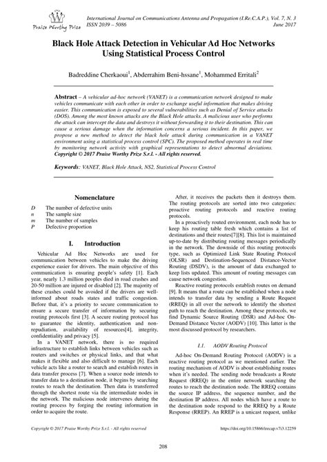 Pdf Black Hole Attack Detection In Vehicular Ad Hoc Networks Using Statistical Process Control
