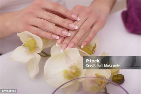 네일 살롱 미용사의 손 청소 여성 고객의 손톱 오렌지 나무 막대기 표 피 미는 뷰티 살롱에서 손톱을 제거 여자 손에 손톱 관리 및 매니큐어 높은 해상도 건강관리와 의술에