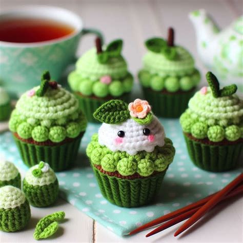 녹차 컵케이크♡a Greentea Cupcake♡ 인공지능 코바늘 녹차 컵케이크 케이크 디저트 Ai Craft
