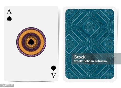 스페이드의 에이스는 파란색 곱슬 기하학적 패턴 정장 라운드 추상적 인 프레임과 뒷면 내부 스페이드와 얼굴 벡터 카드 템플릿 등에 대한 스톡 벡터 아트 및 기타 이미지