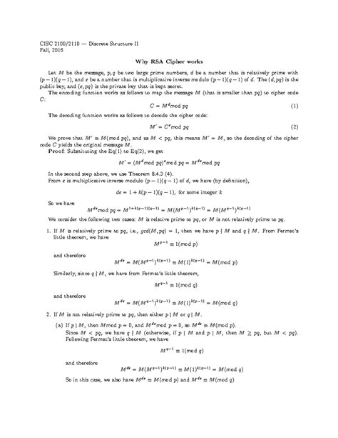 Why Rsa Cipher Works Summary Cisc 21002110 — Discrete Structure Ii