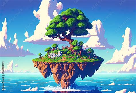 Pixel Art Of Paradise Island Floating In The Sky Background In Retro Style For 8 Bit Game
