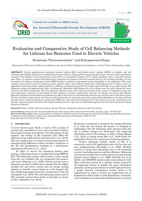 PDF Evaluation And Comparative Study Of Cell Balancing Methods For Lithium Ion Batteries Used