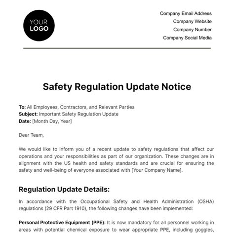 free safety regulation update notice template to edit online