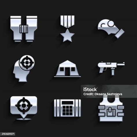 군사 막사 다이너마이트 폭탄 방탄 조끼 기관단총 M3 대상 스포츠 방독면 및 쌍안경 아이콘을 설정합니다 벡터 검은색에 대한 스톡 벡터 아트 및 기타 이미지 Istock