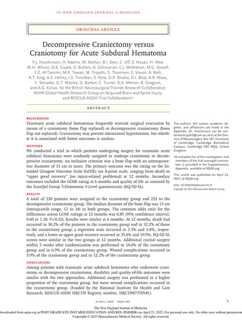 Pdf Decompressive Craniectomy Versus Craniotomy For Acute Subdural Hematoma