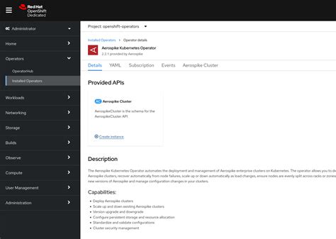 install the operator on openshift using web console aerospike