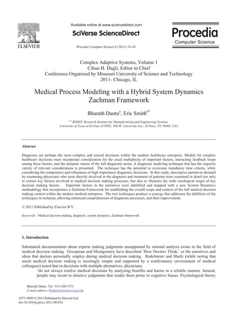 Pdf Medical Process Modeling With A Hybrid System Dynamics Zachman