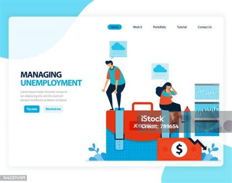실업 관리의 벡터 그림입니다 해고 후 직원을 위한 사회 보장 프로그램 방문 페이지 템플릿 Ui Ux 웹 웹 사이트 모바일 앱 배너 전단지 브로셔를위한 평면 만화 경기 침체에