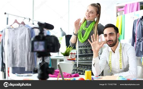 Couple Husband Wife Portrait Wave Hand Looks Camera Greet Follower