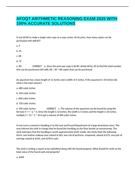 Afoqt Arithmetic Reasoning Exam 2025 With 100 Accurate Solutions Afoqt Arithmetic Reasoning