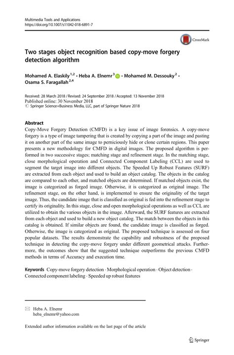 Pdf Two Stages Object Recognition Based Copy Move Forgery Detection