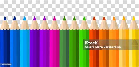 투명한 체크 무늬 배경에 파란색에서 노란색으로 그라데이션 효과를 만드는 다채로운 연필을 일렬로 배열한 이미지입니다 창의성과 예술의 개념 벡터 일러스트 레이 션 개체 그룹에