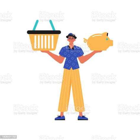 가이는 고용한 손글씨로 새끼 돼지 퇴적물과 작업장 바구니를 들고 있습니다 트렌디한 스타일 벡터 일러스트레이션 남자에 대한 스톡 벡터 아트 및 기타 이미지 Istock