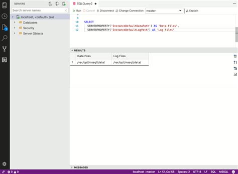 how to find the default file location for data files and log files in
