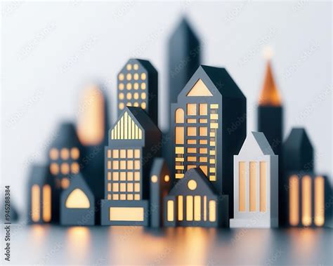 Miniature Cityscape With Illuminated Buildings Highlighting Urban Architecture And Modern