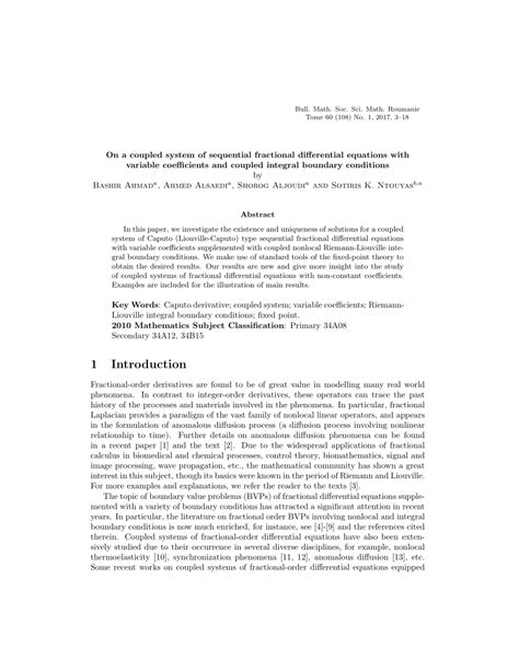 Pdf On A Coupled System Of Sequential Fractional Differential Equations With Variable