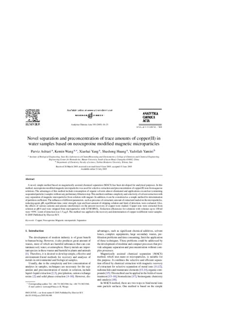 Pdf Novel Separation And Preconcentration Of Trace Amounts Of Copper