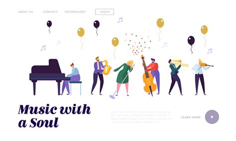 음악가 예술가의 그룹 음악 홀 무대에서 다양 한 악기와 무대에서 공연 인기 재즈 밴드 웹사이트에 대 한 엔터테인먼트 방문 페이지