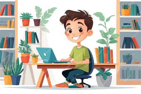Premium Photo Young Boy Working At Computer Flat Vector Illustration