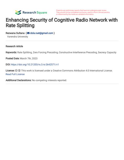 Pdf Enhancing Security Of Cognitive Radio Network With Rate Splitting