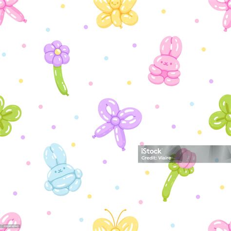 풍선 토끼 꽃 나비 클로버 식물 활과 함께 Colorfull 완벽 한 패턴 뒤틀린 헬륨 라텍스 풍선 휴일 파티 배경입니다 봄 패브릭 또는 벽지 인쇄 디자인 행복한 부활절