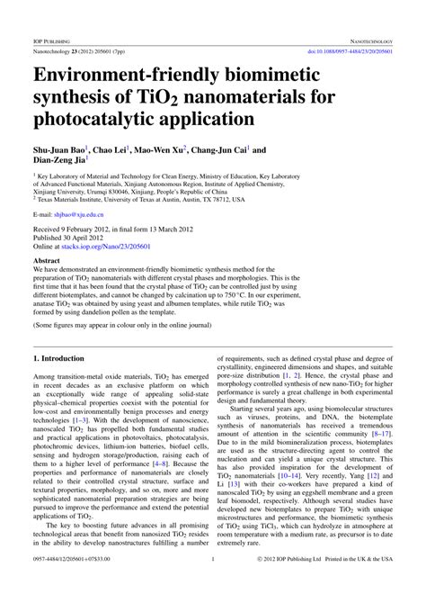 Pdf Environment Friendly Biomimetic Synthesis Of Tio2 Nanomaterials