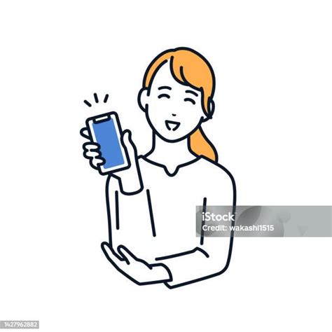 미소로 스마트폰 화면을 보여주는 젊은 여성의 벡터 일러스트 레이 션 자료 스마트폰에 대한 스톡 벡터 아트 및 기타 이미지 스마트폰 환희 힘이 들지 않는 Istock