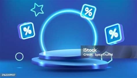 판매 배경 3d 블루 포디움 제품 전시회 할인 비율 쇼핑 제안 네온 라이트 프레임 상점 프로모션 빛나는 쇼케이스 빈 실린더