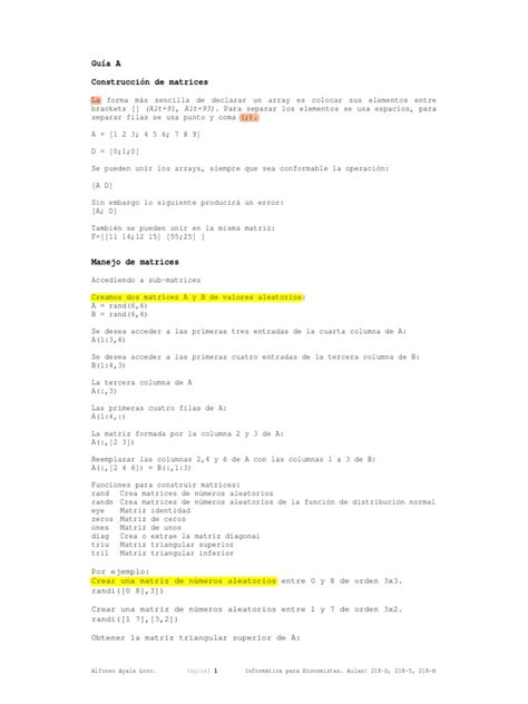 guia para matlab matrices pdf matriz matemáticas estructura