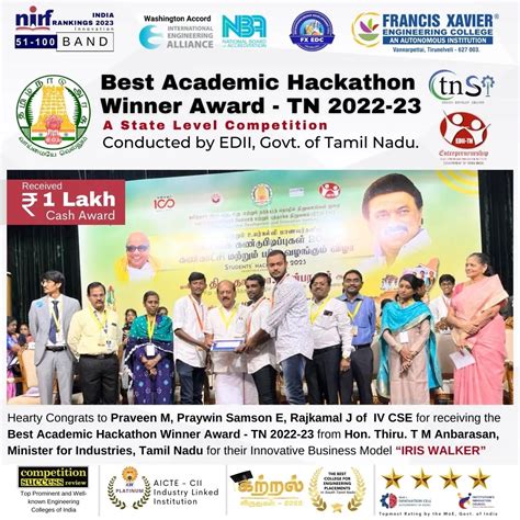 Hackathon Winner Award News And Events Francis Xavier Engineering College Tirunelveli