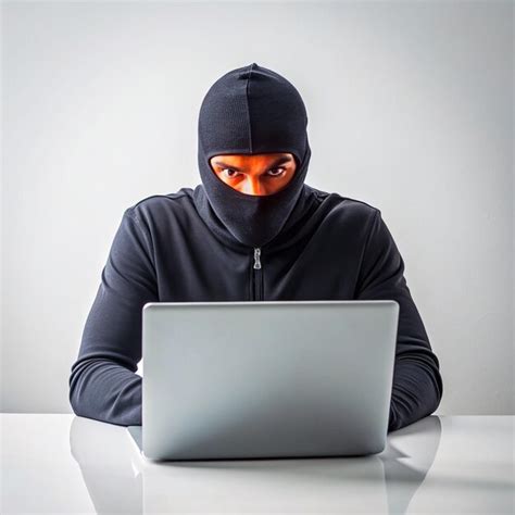Masked Cyber Intruder Indian Hacker With Laptop In White Room Premium