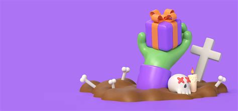 3d 좀비 손이 땅에서 튀어나와 만화 스타일의 선물 상자를 들고 있습니다 할로윈 휴일 배너 또는 포스터 디자인에 대한 그림입니다