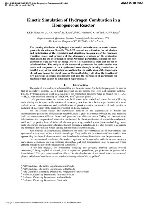 Pdf Kinetic Simulation Of Hydrogen Combustion In A Homogeneous Reactor