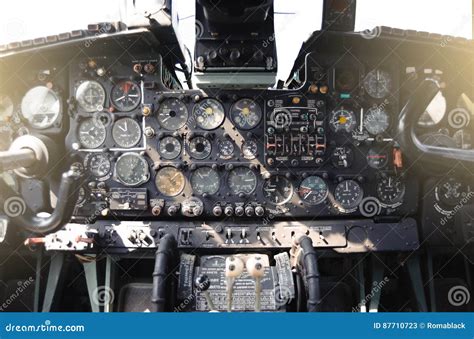 Airplane Cockpit Equipment With Indicators Buttons And Instruments