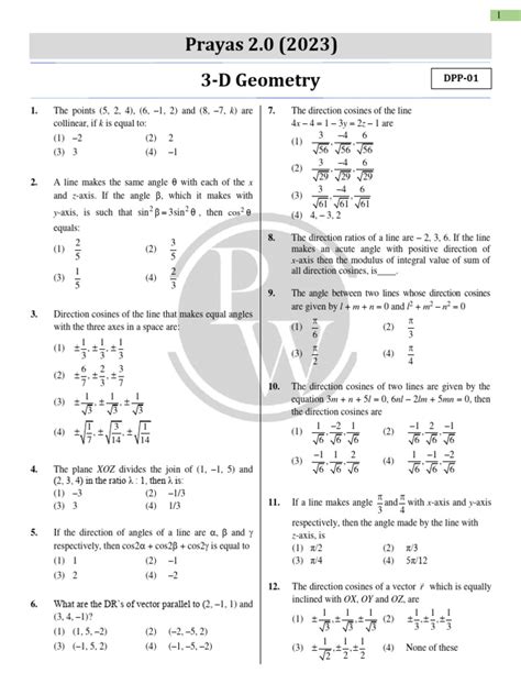 3d Geometry Dpp 01 Lec 02 Prayas 2 0 2023 Pw Star Pdf Angle Cartesian Coordinate