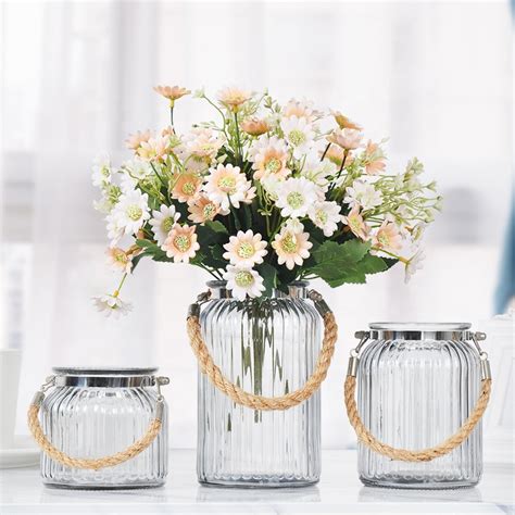 Glass Ribbed Cylinder Vase Glass Jar With Rope Handle High Quality