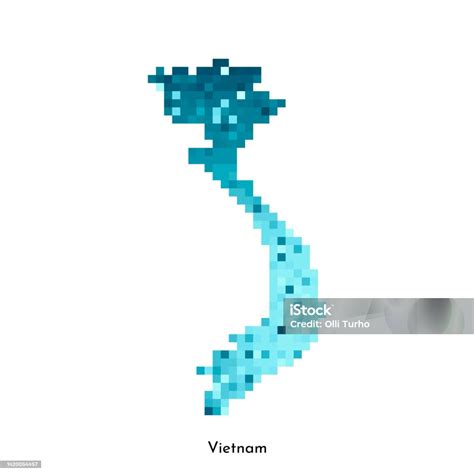 베트남지도의 단순한 얼음 같은 파란색 모양으로 벡터 격리 된 기하학적 일러스트레이션 Nft 템플릿의 픽셀 아트 스타일입니다 그라디언트 텍스처가 있는 점선 로고 0명에 대한